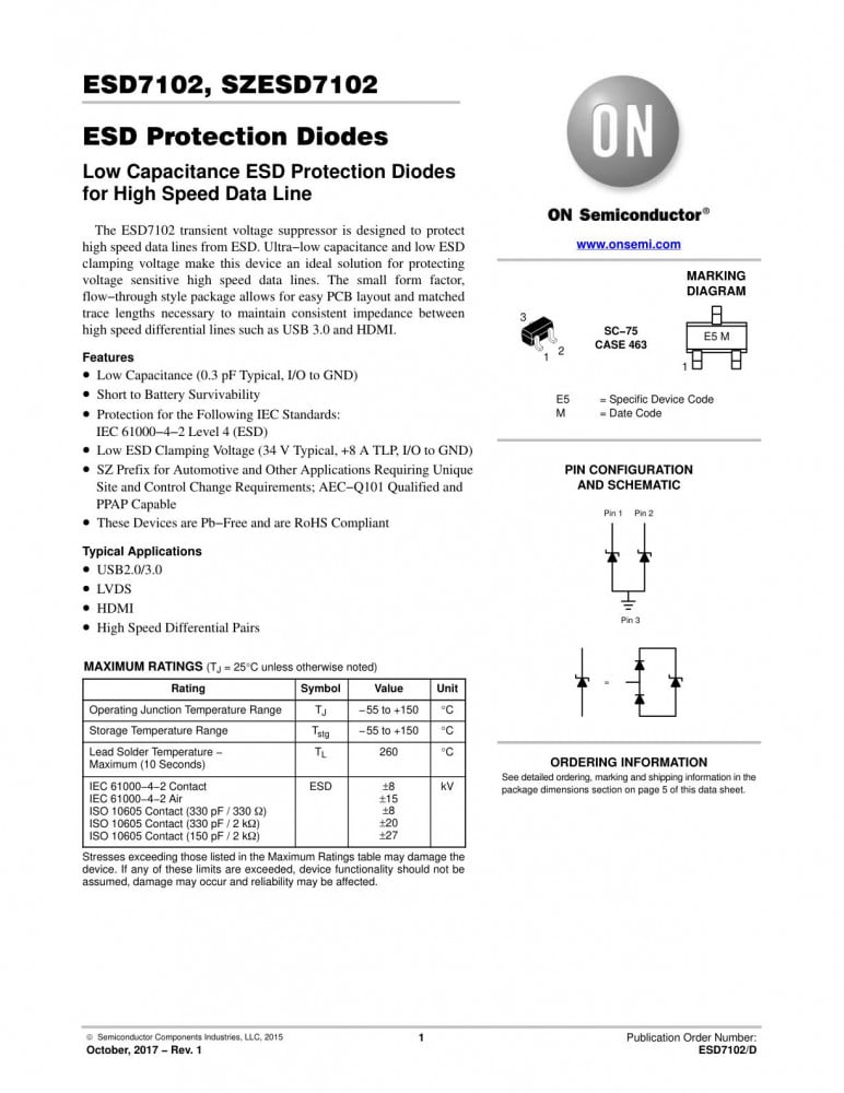 SZESD7102BT1G datasheet page 1