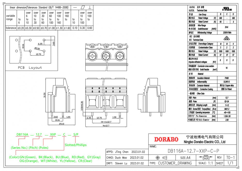 DORABO DB116A-12.7-3P-GN-P technical drawing page