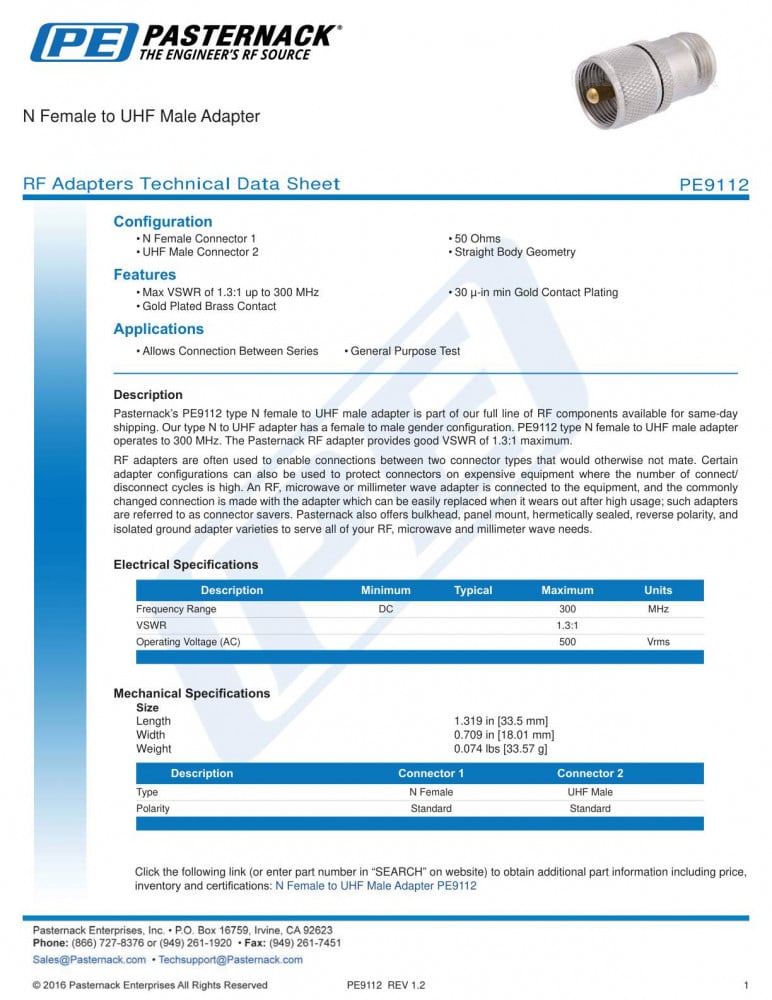 PASTERNACK PE9112 technical document page 1