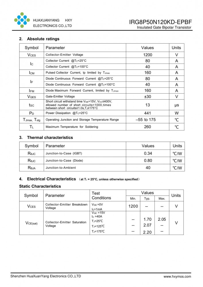 IRG8P50N120KD-EPBF-HXY datasheet page 2