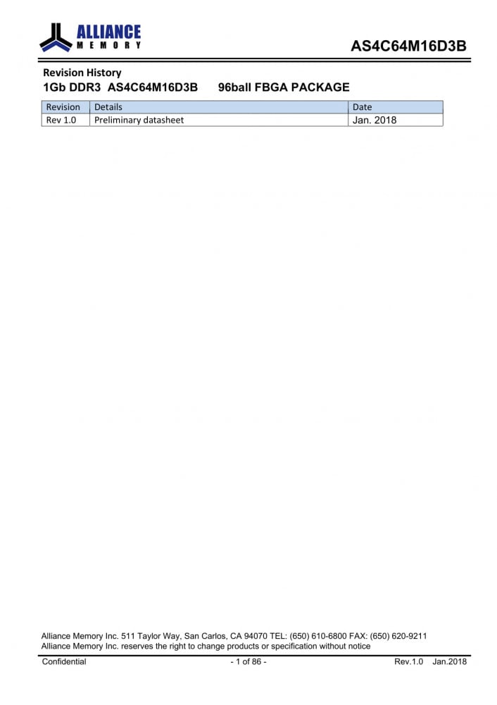 AS4C64M16D3B datasheet page 1