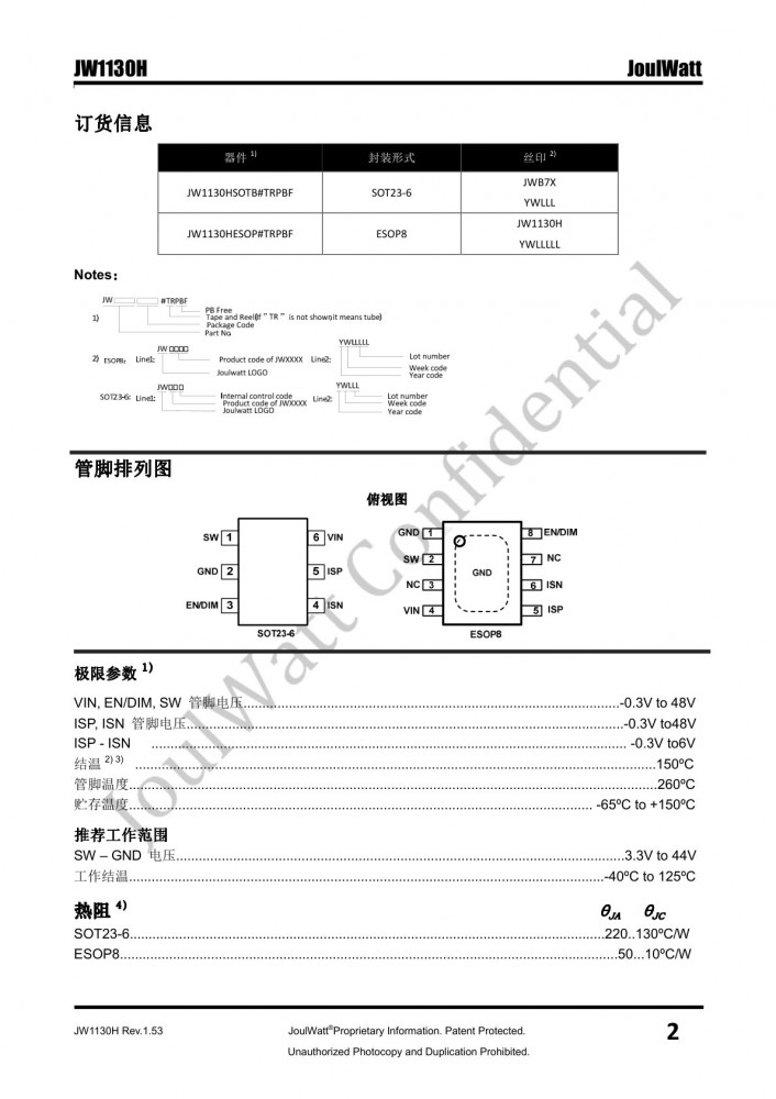 JW1130H datasheet page 2