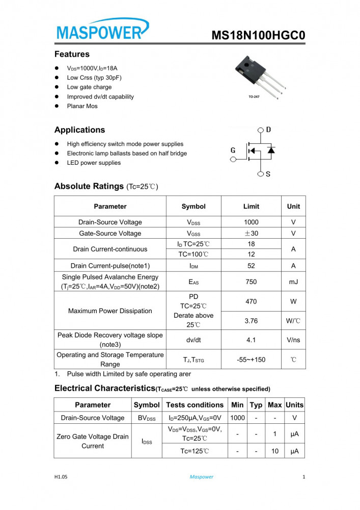 MS18N100HGC0 datasheet page 1