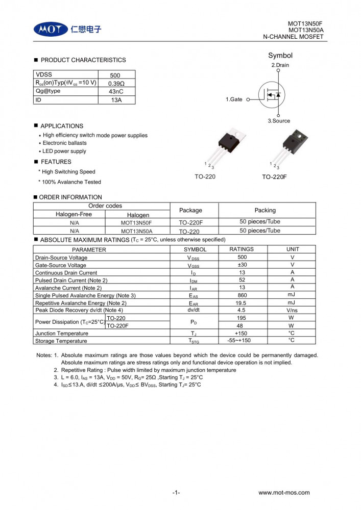 MOT13N50F datasheet page 1