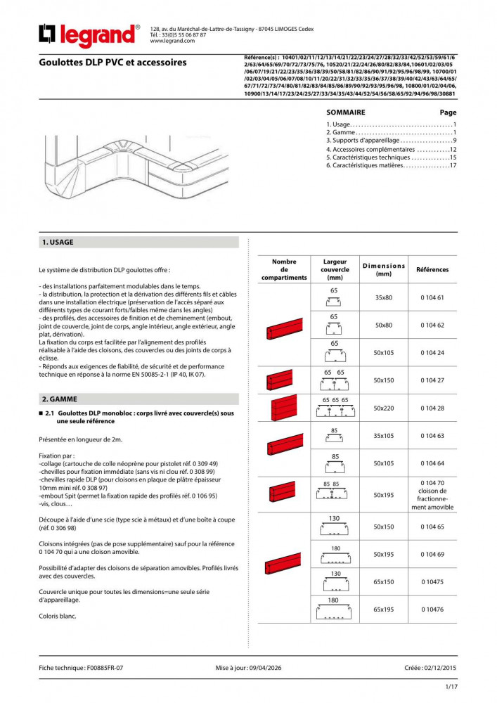 Technical document page 1 for the Legrand DLP PVC trunking system