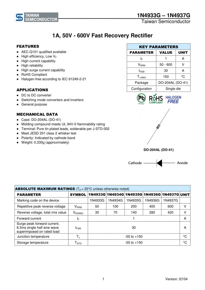 1N4936G technical document page 1
