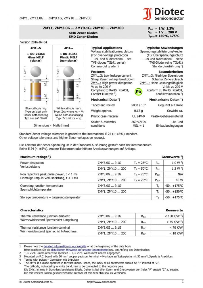 DIOTEC ZMY series datasheet page 1