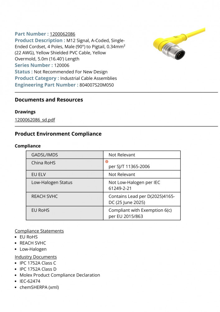 MOLEX M12 right-angle male plug drawing, page 1