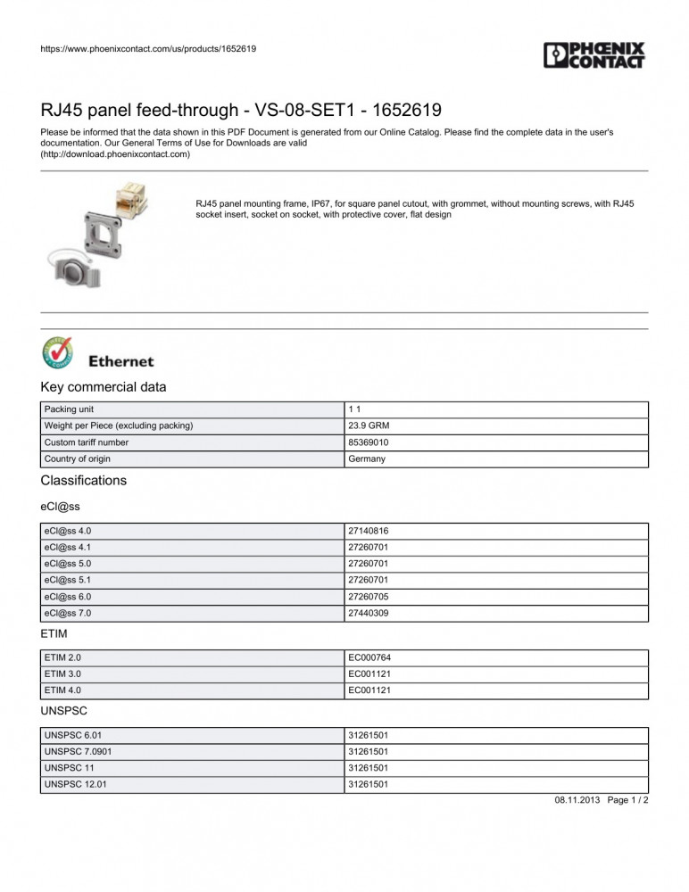Phoenix Contact VS-08-SET1 1652619 product documentation