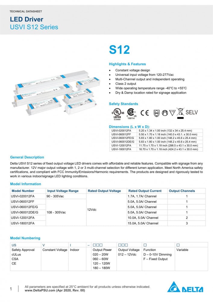 DELTA USVI S12 datasheet page 1