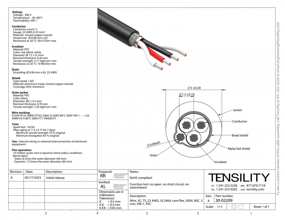 Tensility 30-03209 product drawing and cable specification