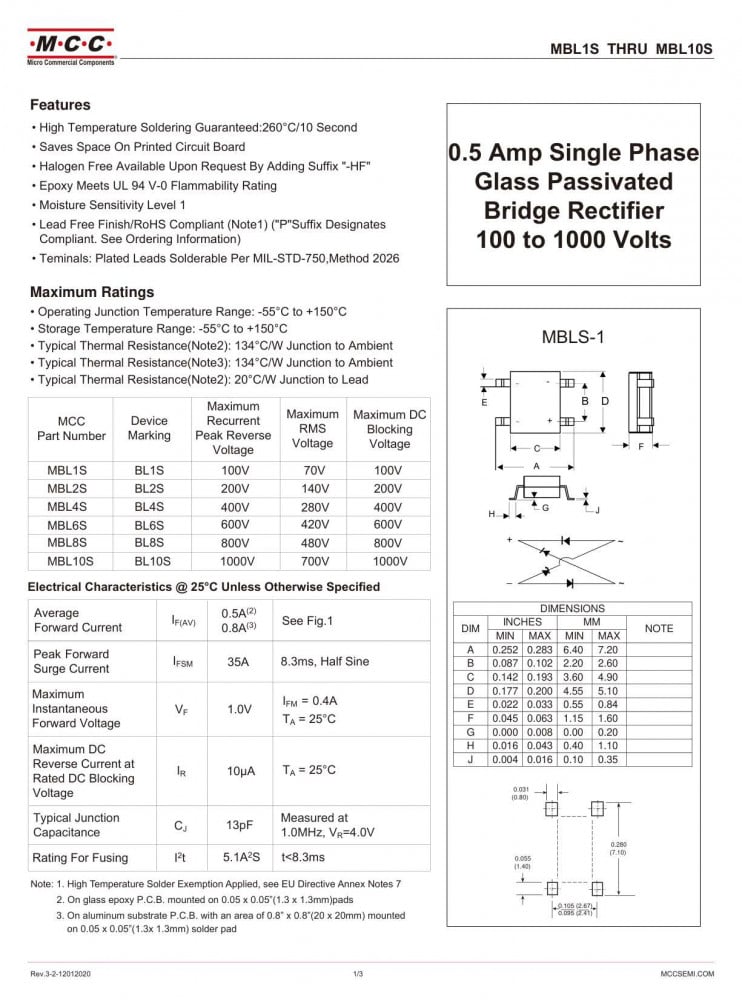 MCC MBL10S-TP datasheet page 1