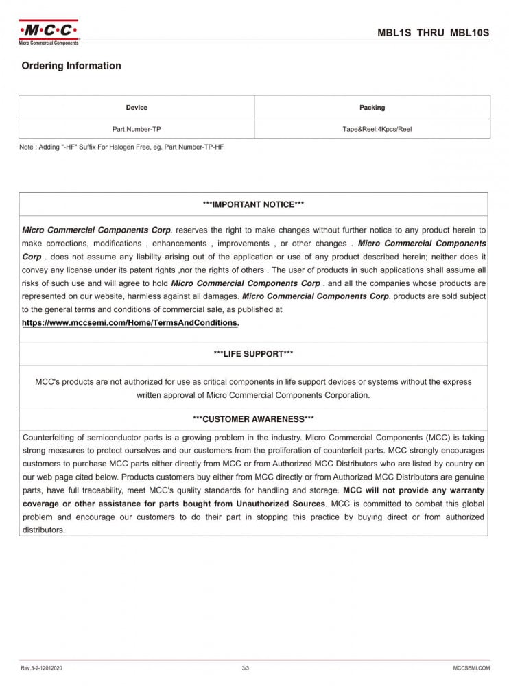 MCC MBL10S-TP datasheet page 3