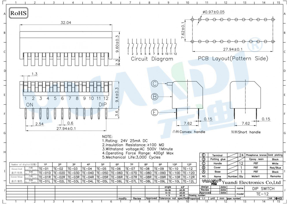 YUANDI TE-12 technical drawing and product information