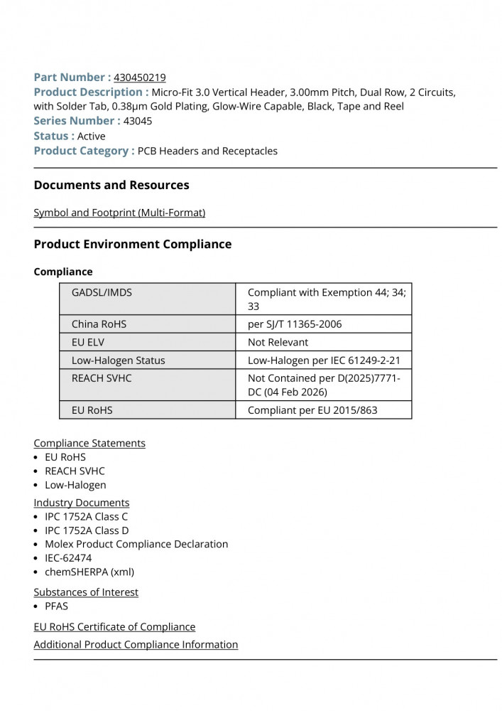 Technical document page 1 for MOLEX 430450219