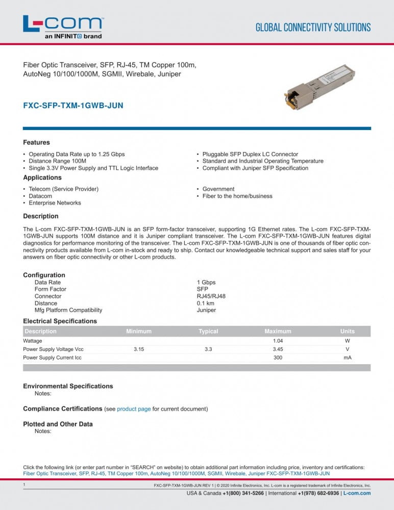 FXC-SFP-TXM-1GWB-JUN technical document page 1