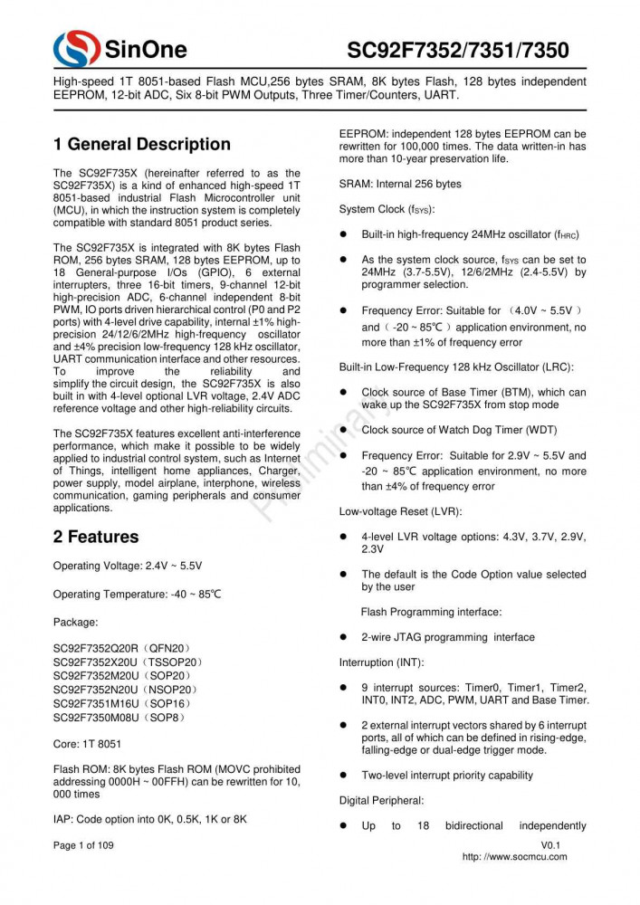 SC92F7351 technical document preview, page 1