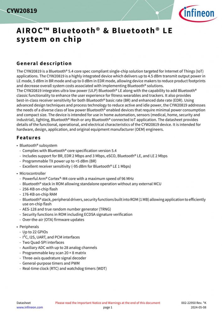 CYW20819 technical document page 1
