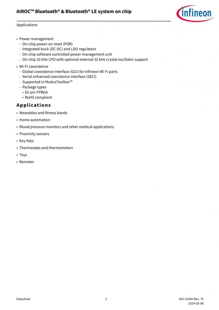 CYW20819 technical document page 2