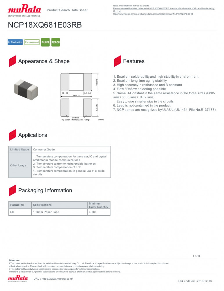 Technical document page 1 for NCP18XQ681E03RB