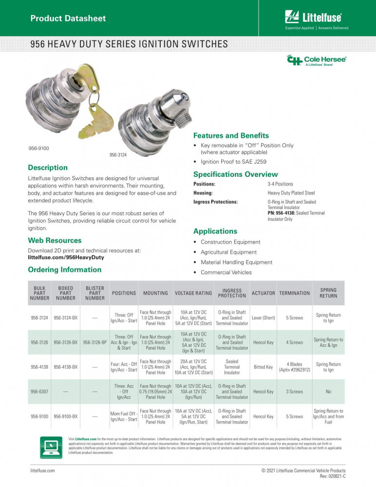 Littelfuse 956 Heavy Duty Series ignition switch documentation