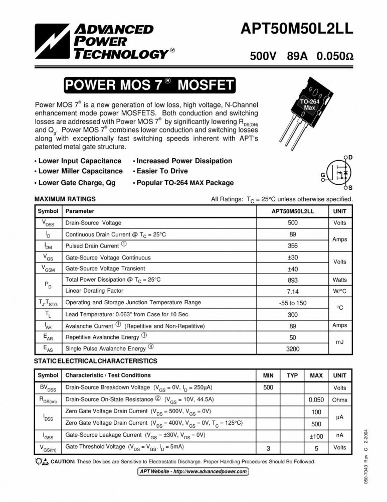APT50M50L2LLG datasheet page 1