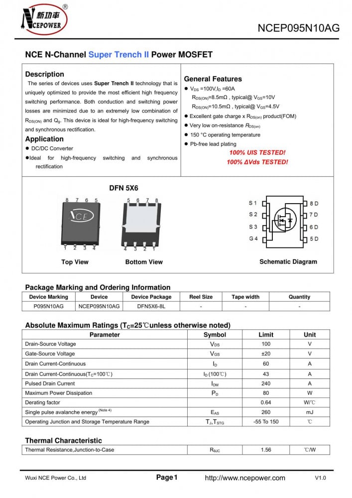 NCEP095N10AG datasheet page 1