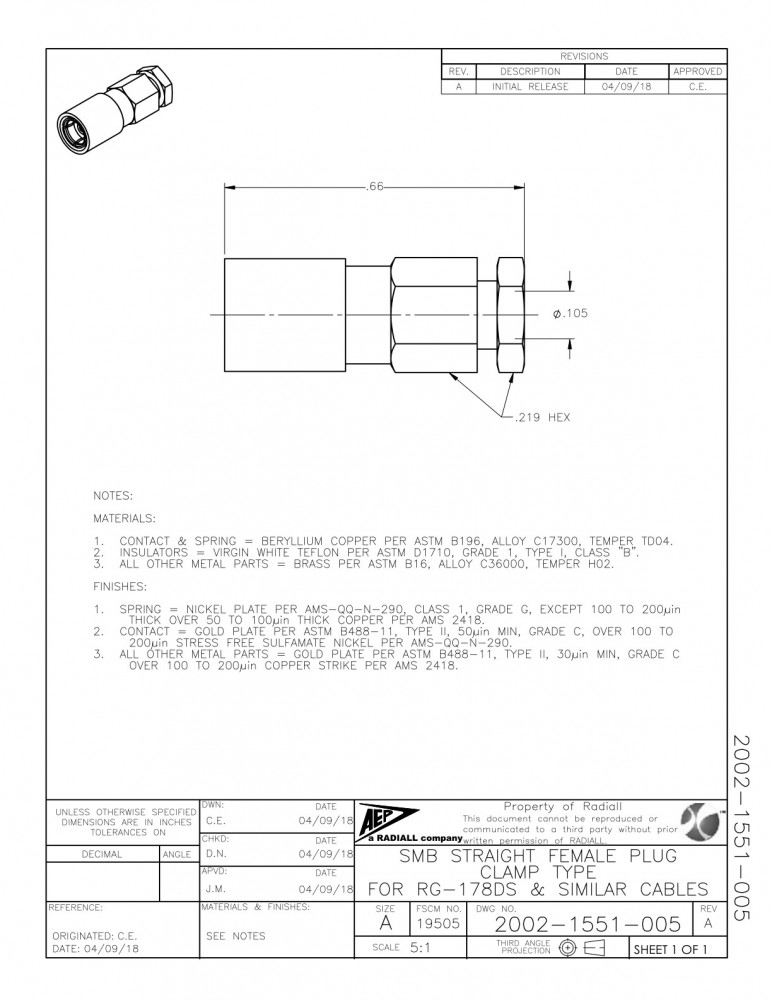 Radiall 2002-1551-005 SMB straight female plug drawing page