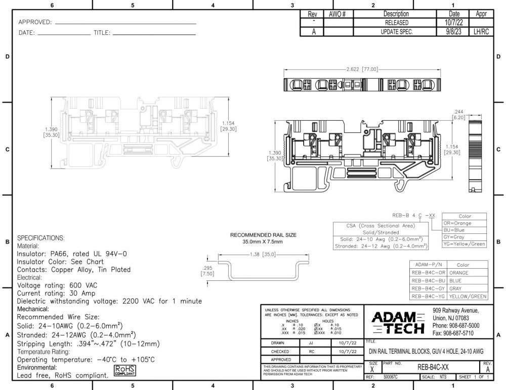 ADAM TECH REB-B4C-XX DIN rail terminal block drawing preview