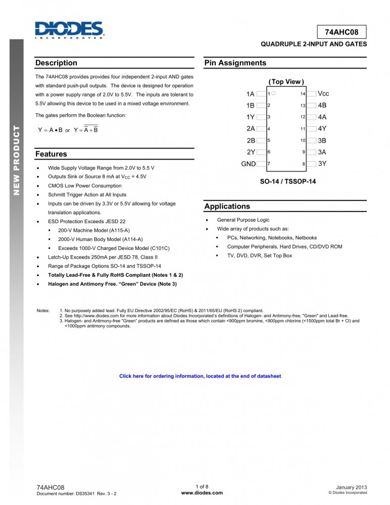 74AHC08T14-13 datasheet page 1