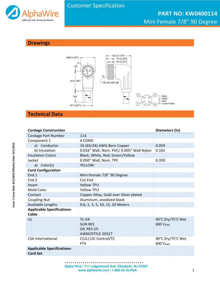 Alpha Wire KW0400114 YL355 product drawing
