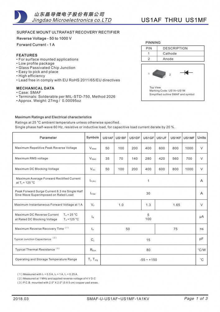 US1BF datasheet page 1
