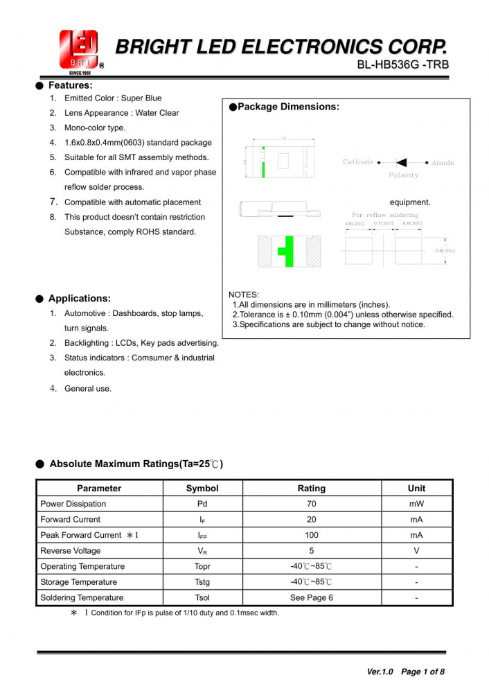 BL-HB536G-TRB technical document page 1