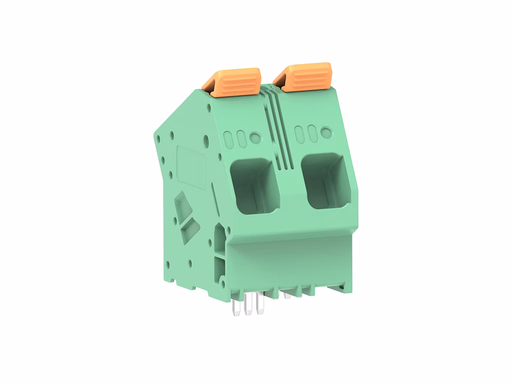 15.00mm Pitch Lever Activated Fixed Mount PCB Terminal Block, 35° Wire Entry, Left Front Terminal, 2 Circuits for sale