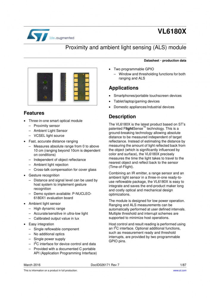 VL6180X datasheet page 1