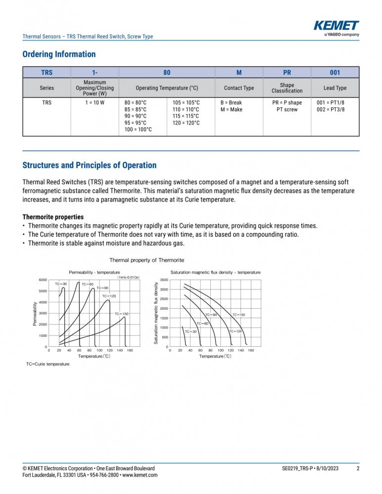 KEMET TRS thermal reed switch datasheet page 2