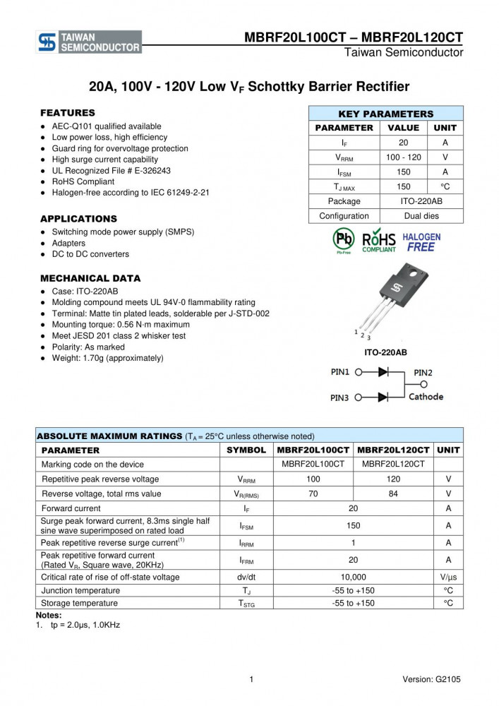 Taiwan Semiconductor MBRF20L120CT document page 1