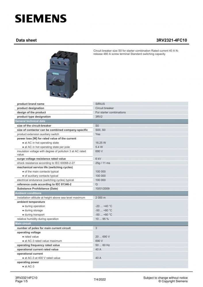 SIEMENS 3RV23214FC10 datasheet page 1
