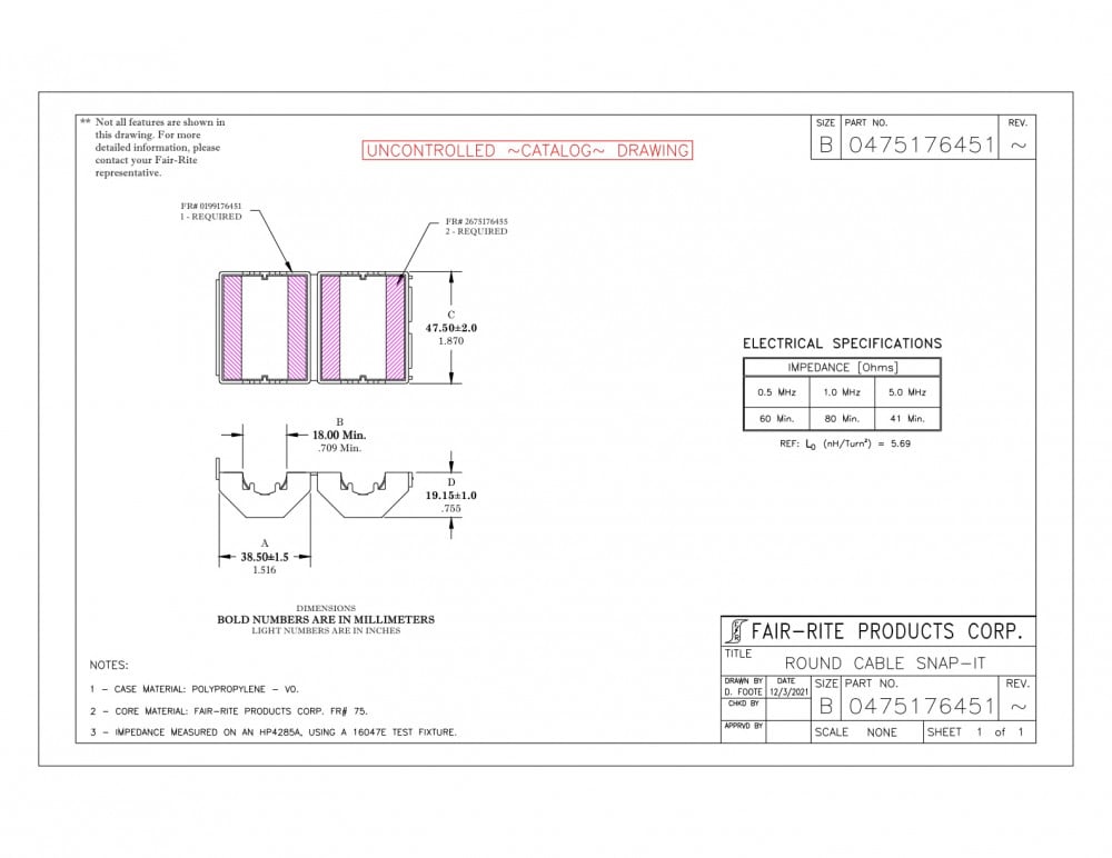 Fair-Rite 0475176451 catalog drawing and electrical specifications