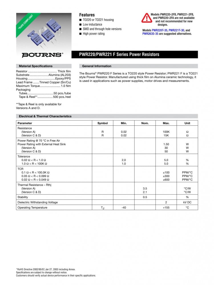 BOURNS PWR221 F Series datasheet page 1