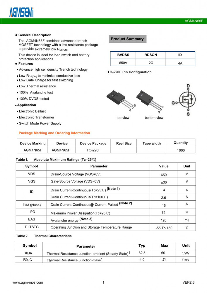 AGM4N65F datasheet page 1