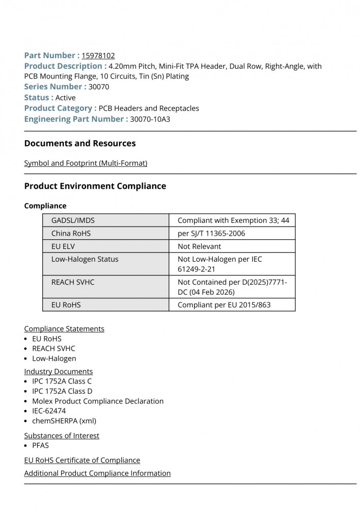 MOLEX Mini-Fit Plus HCS specification page 1