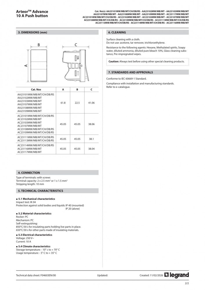 Legrand Arteor Advance technical document, page 2