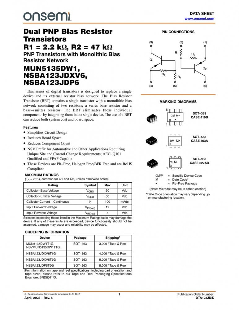 NSBA123JDXV6T5G datasheet page 1