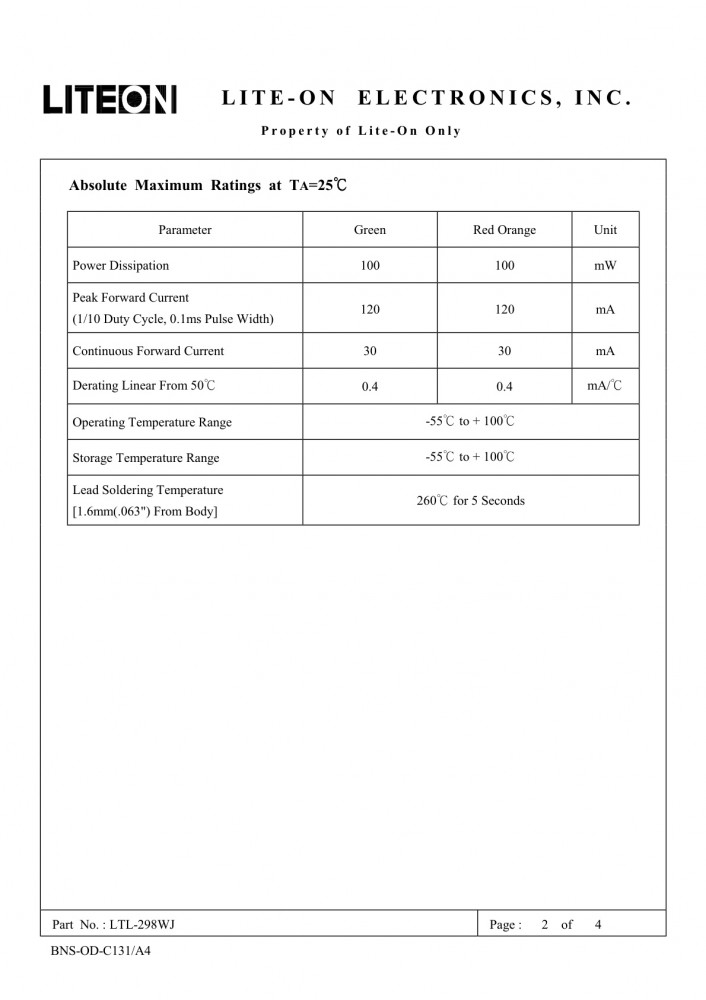 LTL-298WJ datasheet page 2