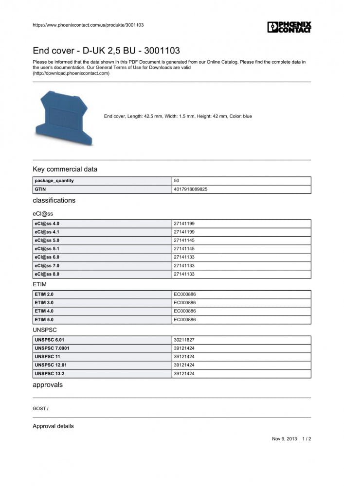 Phoenix Contact D-UK 2,5 BU 3001103 catalog page