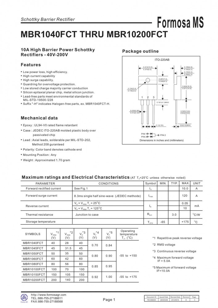 MBR10100FCT datasheet page 1