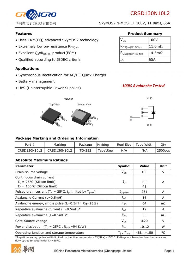 CRSD130N10L2 datasheet page 1
