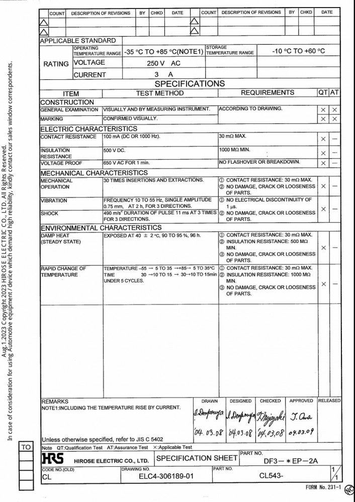 HRS DF3-4EP-2A specification sheet preview