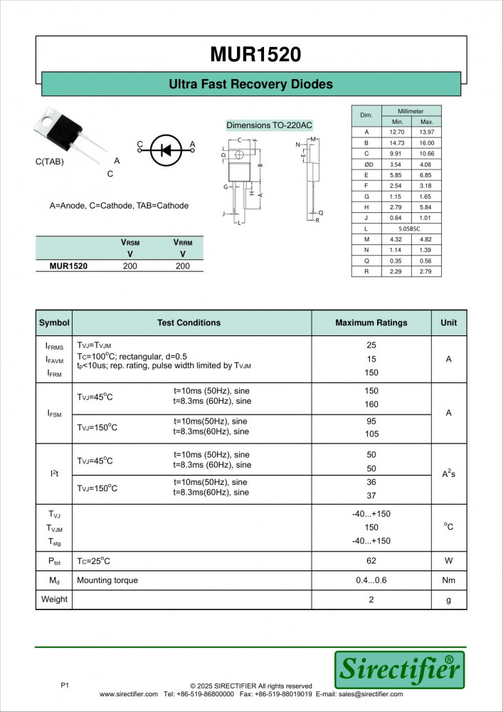 MUR1520 datasheet page 1